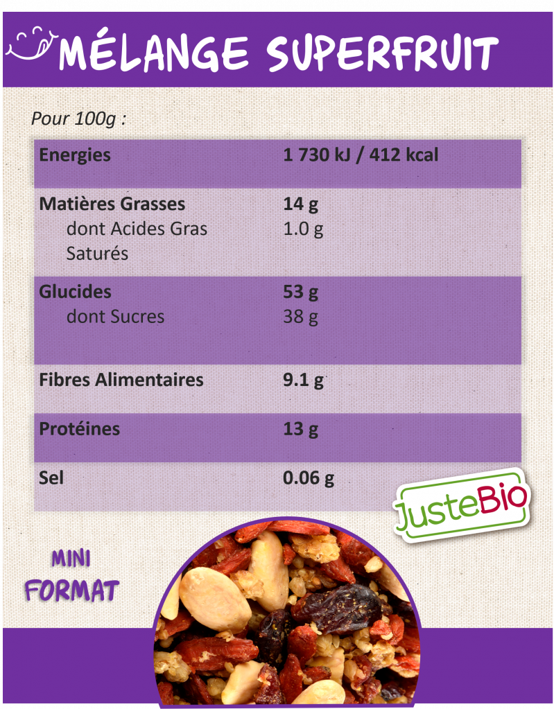 JUSTEBIO - Mélange Superfruit - Lot de 12 sachets de 50g | Sevellia